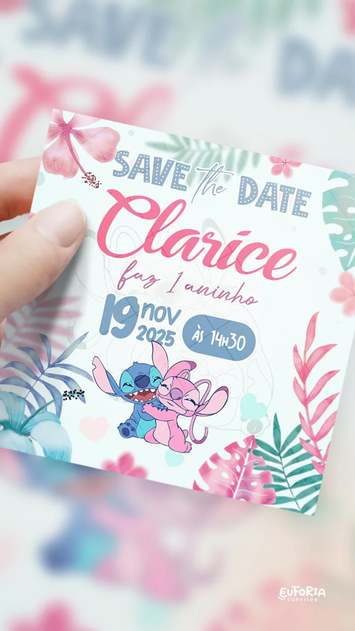 Save the Date Aniversário Ohana Lilo & Stitch - Euforia Convites