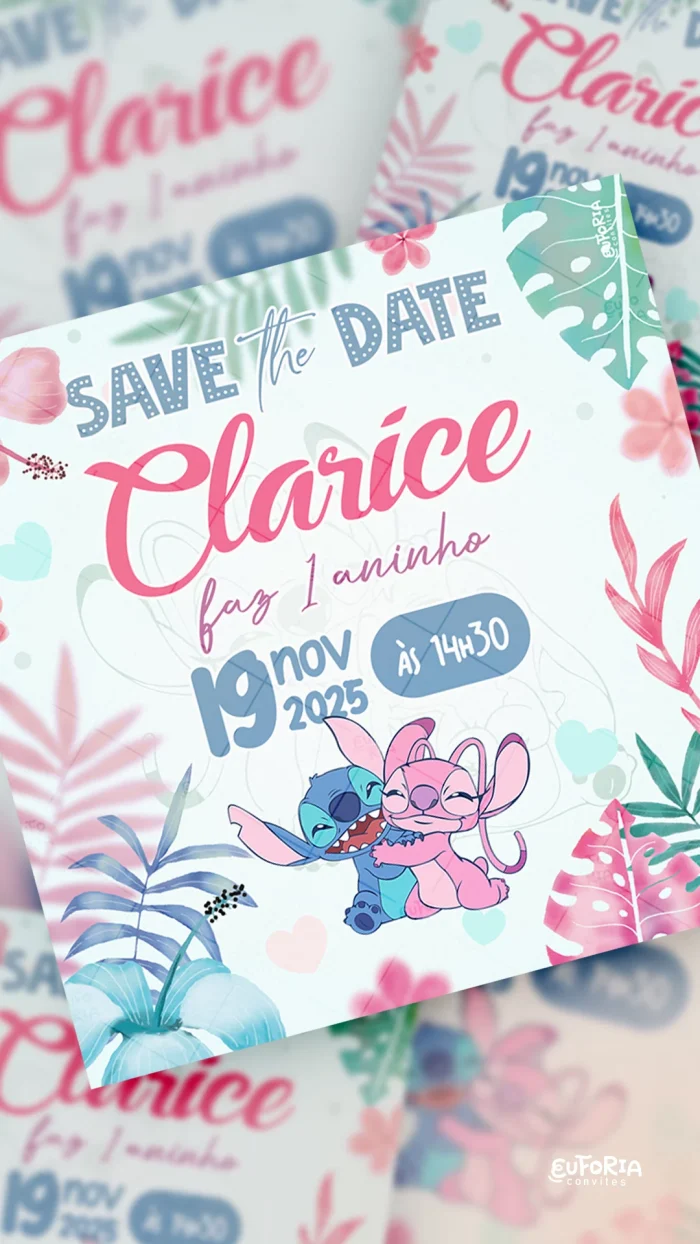 Save the Date Aniversário Ohana Lilo & Stitch - Euforia Convites